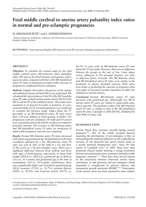 PDF Fetal Middle Cerebral To Uterine Artery Pulsatility Index Ratios In Normal And Pre