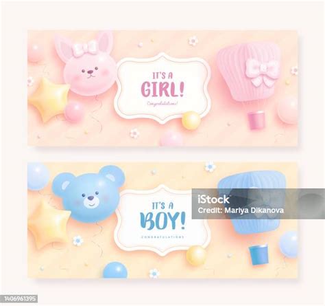 베이지 색 배경에 만화 곰 토끼 열기구 풍선 헬륨 풍선 및 꽃이있는 베이비 샤워 초대장 세트 그것은 여자입니다 그것은 소년입니다 벡터 일러스트 레이 션 3차원 형태에 대한