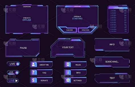 数字未来ui面板和按钮，游戏直播流。霓虹灯hud框架，排行榜，菜单和酒吧视频流显示向量集素材 花瓣网