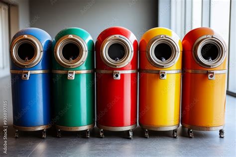 Colorful Recycling Bins With Circular Openings Symbolizing The Efficient Design And Organization