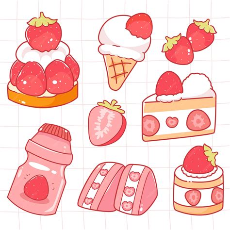 Premium Vector Cute Strawberry Dessert Kawaii Food Pink Elements Ice