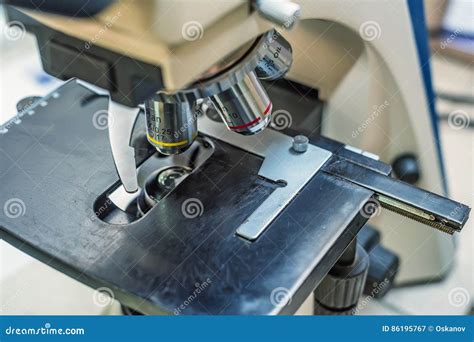 Closeup Of Objective Lens Microscope In Laboratory Stock Image Image Of Microbiology Molecule