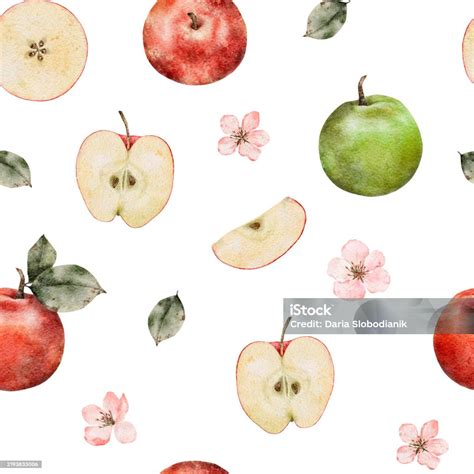 잎과 꽃이 있는 신선한 빨간 사과의 완벽 한 패턴입니다 음식 질감입니다 빨갛고 육즙이 풍부한 사과를 통째로 반복 주스 팩 식탁보 덮개 앞치마 사과 따기 또는 음식에 대한