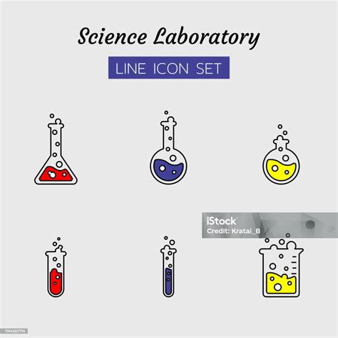 라인 아이콘 기호 세트 시험 화학 물리학 과학 연구 실험실 장비 유리 튜브 끓인 물 고립 된 평면 윤곽 벡터 디자인 0명에 대한