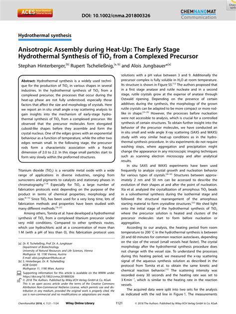 Pdf Anisotropic Assembly During Heat Up The Early Stage Hydrothermal Synthesis Of Tio2 From A