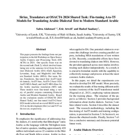 Siriustranslators At Osact6 2024 Shared Task Fin Tuning Ara T5 Models For Translating Arabic