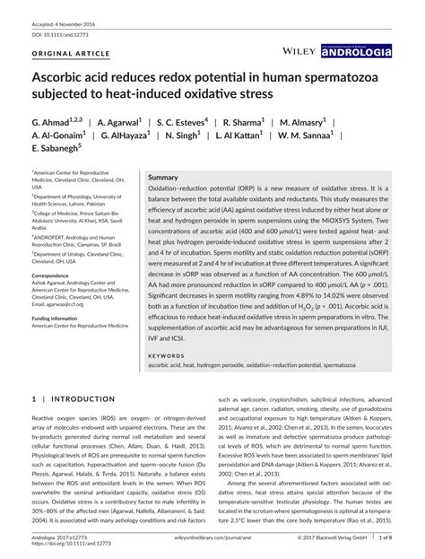 Pdf Ascorbic Acid Reduces Redox Potential In Human Spermatozoa