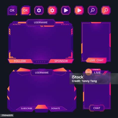 게임 인터페이스 요소 게임 스트리밍 프레임 버튼 및 바 미래 게임 스트림 대시 보드 아이콘 평면 벡터 일러스트 레이션 세트