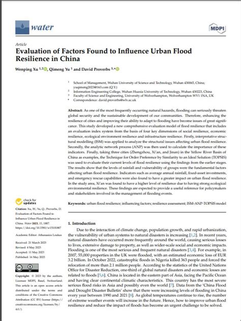 Evaluation Of Factors Found To Influence Urban Flood Resilience In China Preventionweb