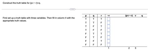 Solved Construct The Truth Table For P∨∼r ∨q First Set Up