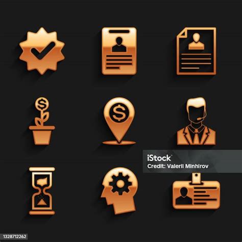 현금 위치 핀 내부에 기어와 인간의 머리 식별 배지 남자 헤드셋 오래 된 모래 시계와 달러 식물 냄비 아이콘을 설정 합니다 벡터 0명에 대한 스톡 벡터 아트 및 기타 이미지