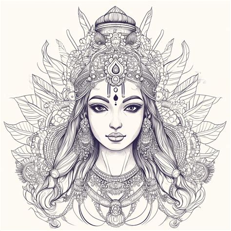 Intricate Black And White Line Drawing Of A Goddess With Detailed