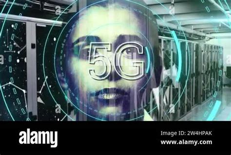 Animation Of Digital Interface With Icons And Data Processing 5g Text Over Scope Against Woman