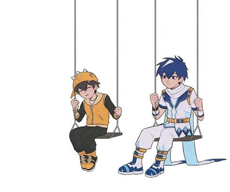 Two Anime Characters Sitting On Swings With One Holding The Others Hand And Swinging
