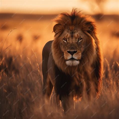 Premium Photo Roaming King A Majestic Lion In The Savanna At Sunset