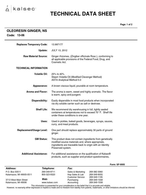 13 06 Technical Data Sheet 7 13 12 Pdf Ginger Foods