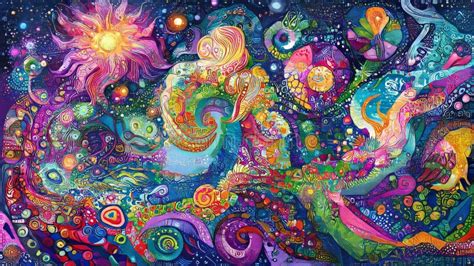 Abstract Colorful Psychedelic Art Featuring Swirling Patterns Flowers Stars In A Bright Neon