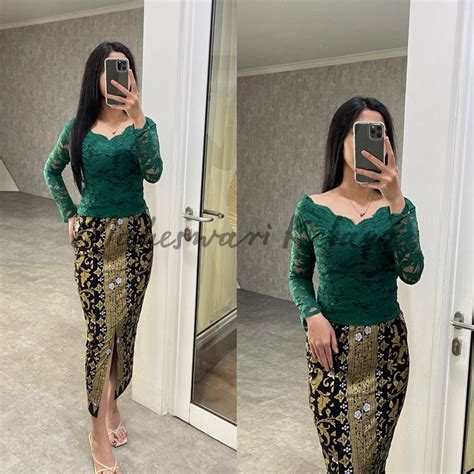 Jual Kebaya Bali Set Brukat Sabrina Panjang Hijau Botol Shopee Indonesia