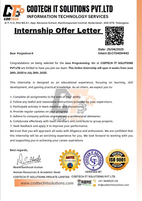 Internship Offerletter Javaprogramming Codtechitsolutions Grateful