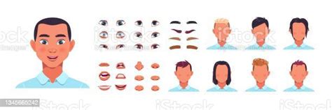 남자 얼굴 키트 머리 코 입술을 가진 남성 아바타 생성기 키트 얼굴 모양과 헤어 스타일 템플릿 눈썹 생성 눈 벡터 만화 세로 편집 가능한 요소 세트 남자에 대한 스톡 벡터