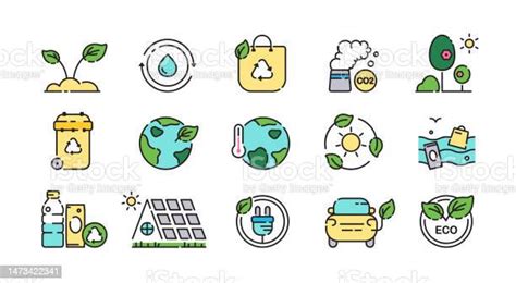 에코 기술 아이콘 세트입니다 녹색 에너지 재활용 물과 전력 태양 전지판 지구 오염 대체 에너지 원의 다채로운 아이콘과 상징 벡터 격리 된 아이콘 컬렉션입니다 색상 묘사에