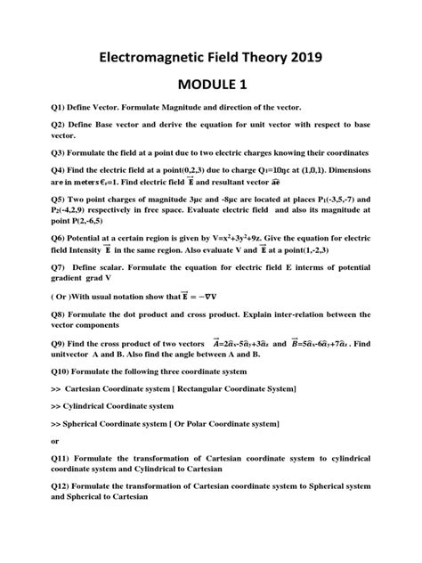 Electromagnetic Field Theory 2019 Question Bank Pdf Euclidean Vector Field Physics
