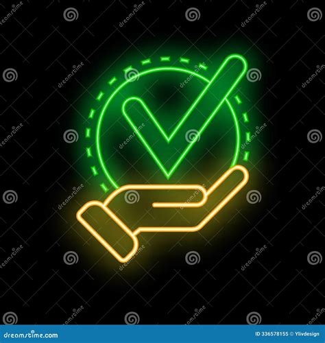 Neon Hand Holding Check Mark Symbol On Black Background Stock Vector Illustration Of