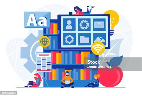 온라인 거리 학습 가정에서의 교육 전자 책 및 정보 기술 작은 사람들 학생들은 인터넷에서 공부 도서관에 대한 스톡 벡터 아트 및 기타 이미지 Istock