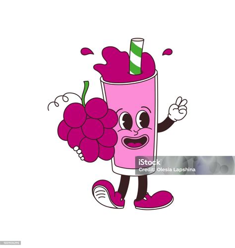 투명한 배경에 만화 만화 스타일의 포도 주스 유리 캐릭터 복고풍 스타일의 꿀 음료의 재미있는 마스코트를 손으로 그립니다 주스 스무디 또는 와인 잔의 격리된 벡터 그림