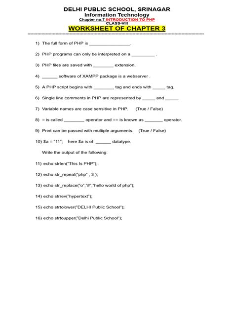 It Chapter 3 Php Revision Worksheet 1 Pdf