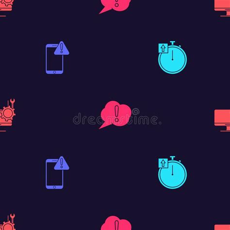 Set Stopwatch Mobile With Exclamation Mark Speech Bubble Exclamation And Computer Monitor