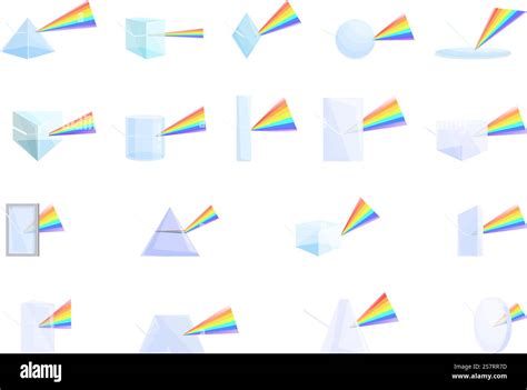 Prism Light Refraction Effect Icons Set Cartoon Vector Rainbow Prism Lens Flare Reflection