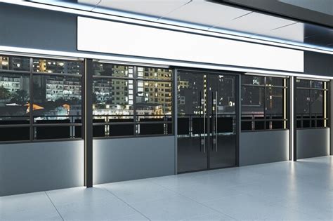 빈 흰색 넓은 모의 배너와 야간 도시 창 반사가 있는 현대적인 상점 전면 Mock Up 3d 렌더링 프리미엄 사진