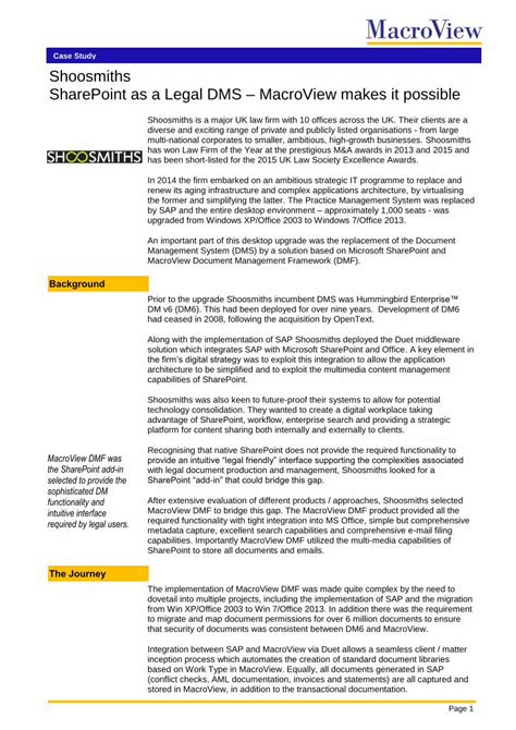 Pdf Shoosmiths Sharepoint As A Legal Dms Macroview Makes It · Pdf Fileby Sap And The