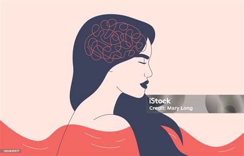 고르지 않은 물에 날아다니는 머리를 가진 우울한 여인 잃어버린 소녀는 좌절하고 혼란스러운 생각을 느낍니다 심리적 문제 정신 질환 및 뇌 질환의 개념 여자에 대한 스톡 벡터