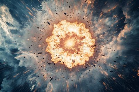 Frozen Moment Of An Atomic Explosion With Blasting Shockwave Stock