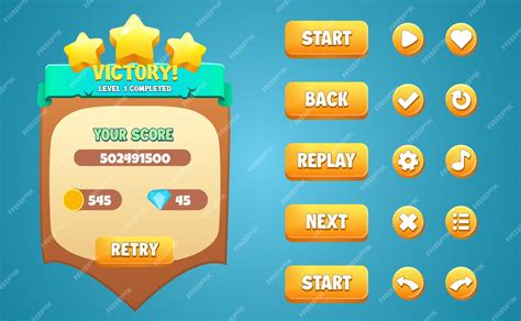 Premium Vector Score Menu Scene Pop Up With Sound Music And Buttons Game Ui Complete Menu