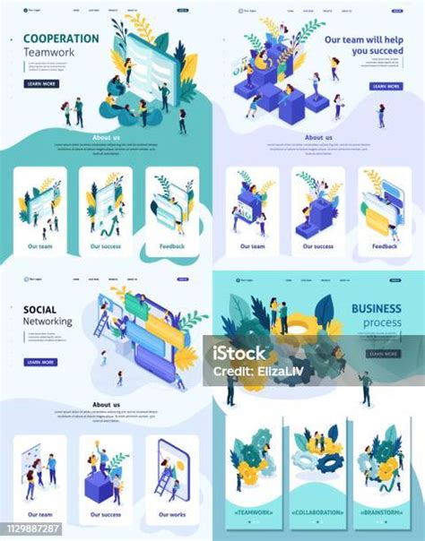 설정된 서식 파일 페이지를 방문 성공 비즈니스 프로세스 응용 프로그램 디자인 아이소메트릭 개념 협력 팀워크 도움이 소셜 네트워킹