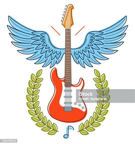 축제 또는 콘서트 또는 흰색 라이브 음악 테마에 고립 된 플레이어를위한 날개 벡터 엠블럼과 일렉트릭 기타 음악 녹음 레이블 악기