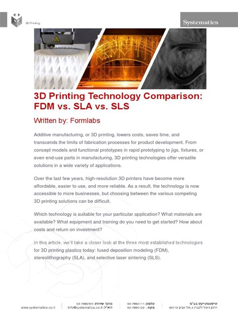 3d Printing Technology Comparison Fdm Vs Sla Vs Sls Written By Formlabs Pdf 3 D