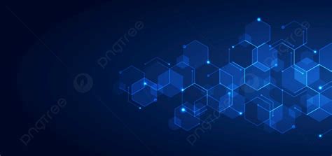 Abstract Technology Connect Concept Blue Geometric Hexagons Pattern With Glowing Light On Dark