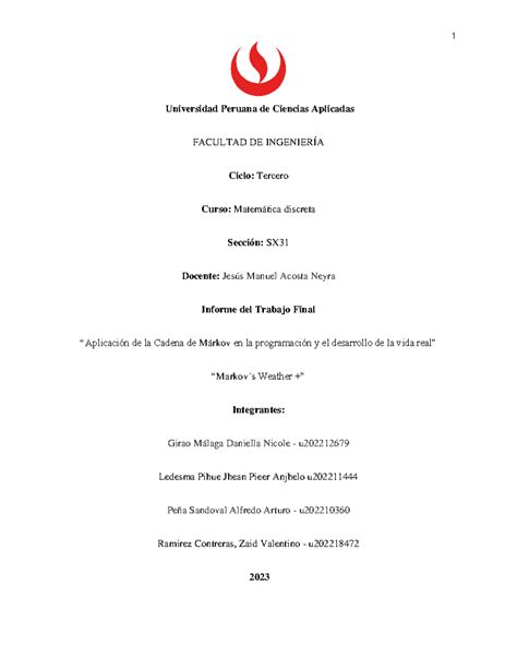 Informe Final Proyecto 3 2023 1 Universidad Peruana De Ciencias Aplicadas Facultad De