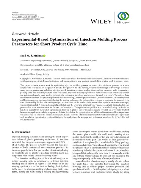 Pdf Experimental Based Optimization Of Injection Molding Process Parameters For Short Product