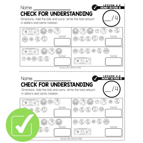 Lucky To Learn Math Count Money Beyond One Dollar Lesson 46 Check For Understanding