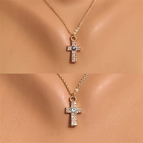 Sparkle Cross Gold Plated Evil Eye Cross Pendant Necklace Etsy