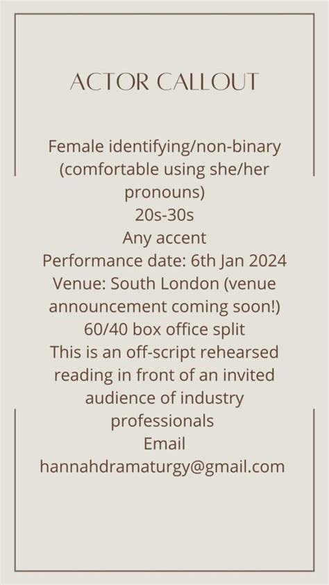 Actor Callout Female Identifyingnon Binary 20s 30s Any Accent