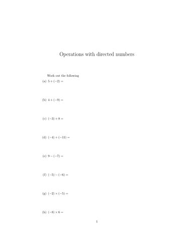 Operations With Directed Numbers Worksheet With Solutions Teaching
