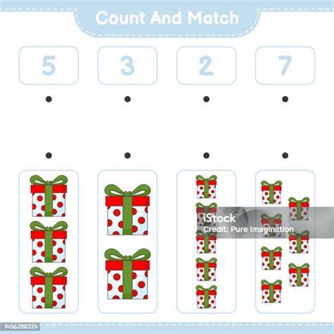 세고 일치시키고 선물 상자의 수를 세고 올바른 숫자와 일치시킵니다 교육 어린이 게임 인쇄 워크시트 벡터 일러스트 레이 션 0명에