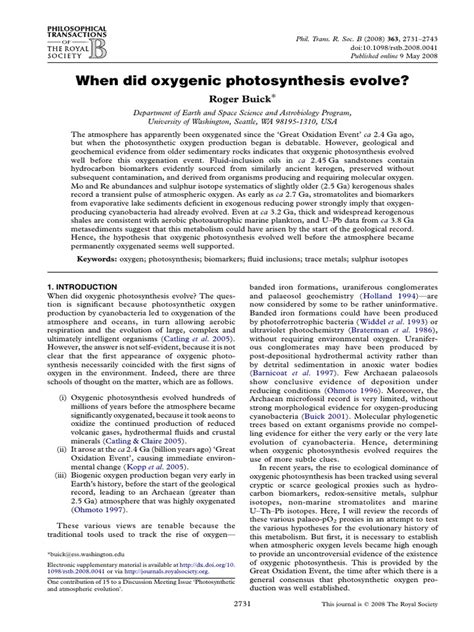 When Did Oxygenic Photosynthesis Evolve Pdf