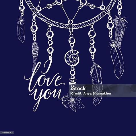 손 한 컨투어 파란색 배경에 화려한 드림 캐쳐 그려집니다 문자 사랑 해요 벡터 일러스트 레이 션 Diy에 대한 스톡 벡터 아트 및 기타 이미지 Istock